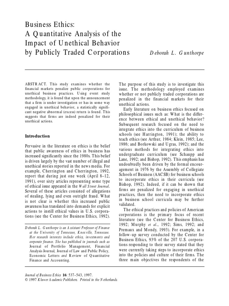 Business Ethics: A Quantitative Analysis of The Impact of Unethical ...