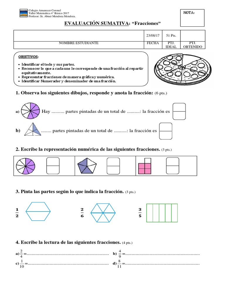 EVALUACIÓN FRACCIONES 4° BÁSICO | Fracción (Matemáticas) | Enseñanza de ...