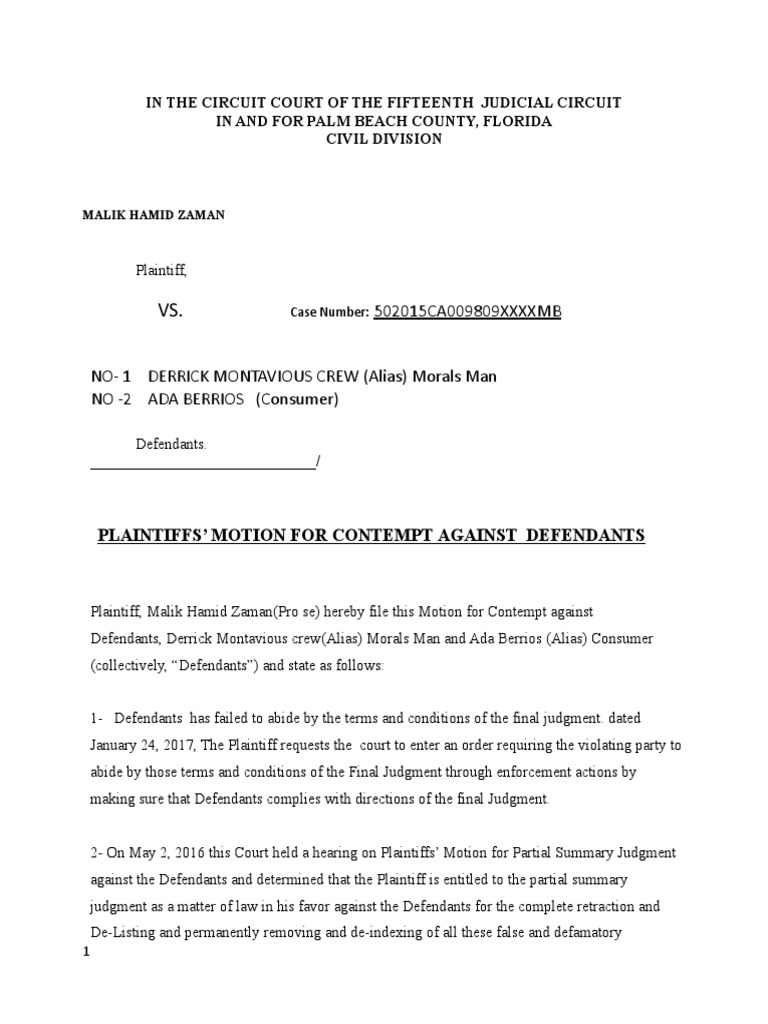 Contempt of Court Motion To Enfoce The Final Judgment Against Derrick ...