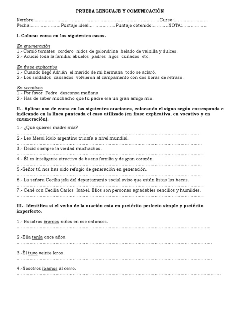 Prueba Uso de Comas y Preteritos | PDF | Estilo (ficción) | Mecánica ...