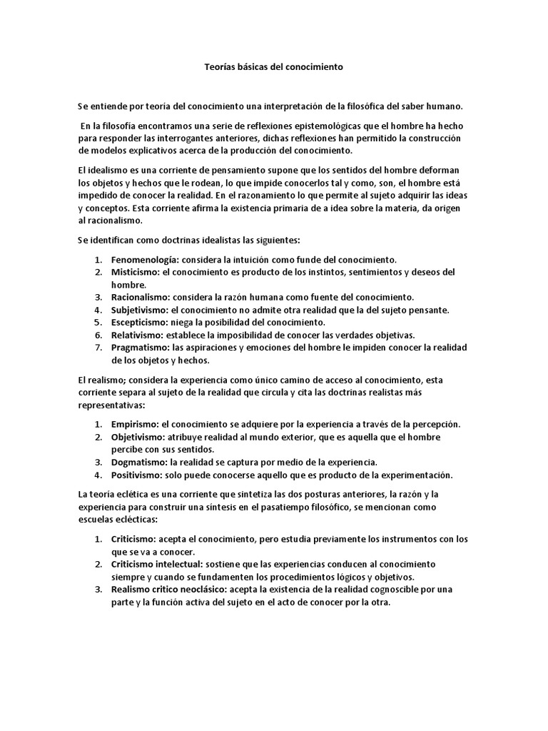 Teorías Básicas Del Conocimiento | PDF | Realismo filosófico | Realidad