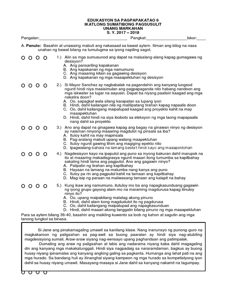 ESP 6 1st Periodical TQ | PDF