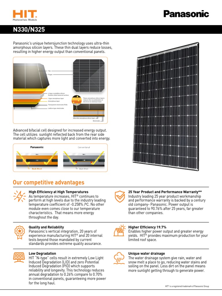 Panasonic HIT 325 Spec Sheet | PDF | Materials | Electrical Engineering