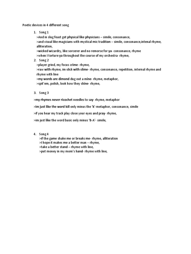 Poetic Devices in 4 Different Song | PDF | Rhyme | Poetic Devices