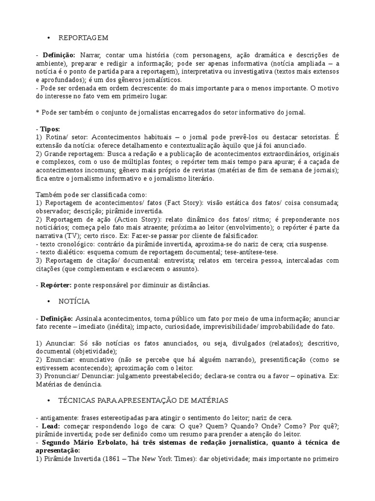 Tipos e Técnicas de Reportagem Jornalística | PDF | Jornalismo | Mídia ...