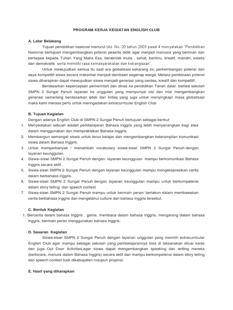 Program Kerja Kegiatan English Club | PDF | Karier & Perkembangan