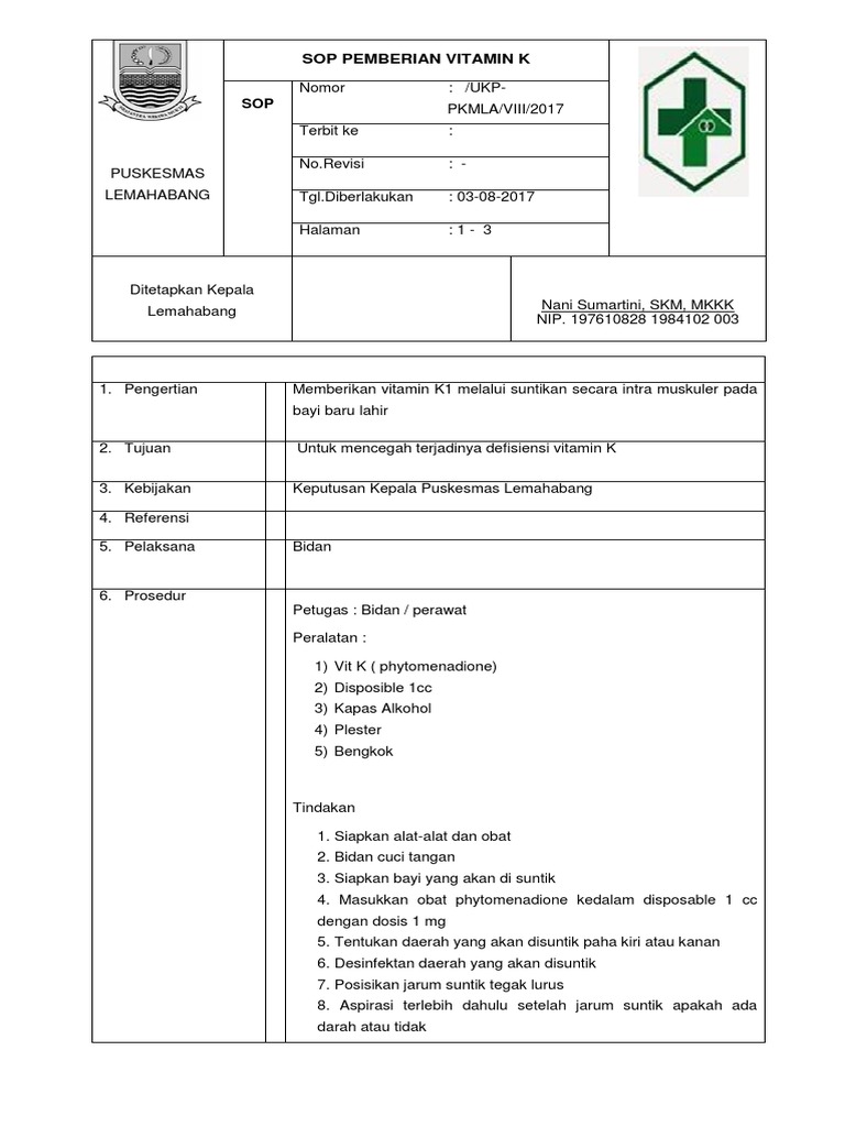 Sop Pemberian Vit K | PDF