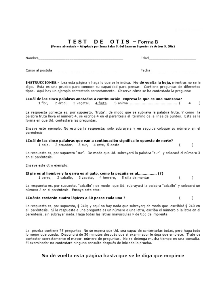 Test de Inteligencia Otis - Forma B | PDF | Naturaleza