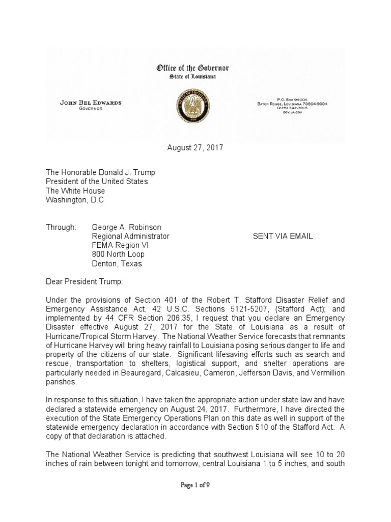 Governor Edwards Emergency Declaration Request Letter | PDF | American ...