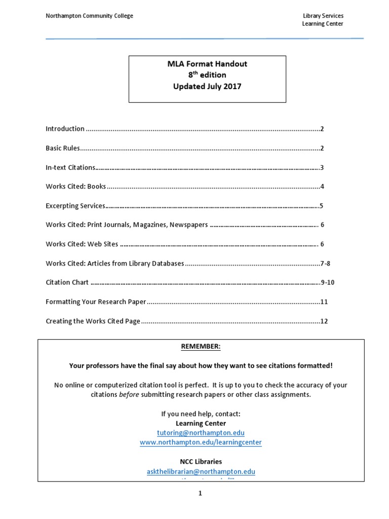 MLA Format - NCC Library Handout (New) PDF | PDF | Digital Object ...