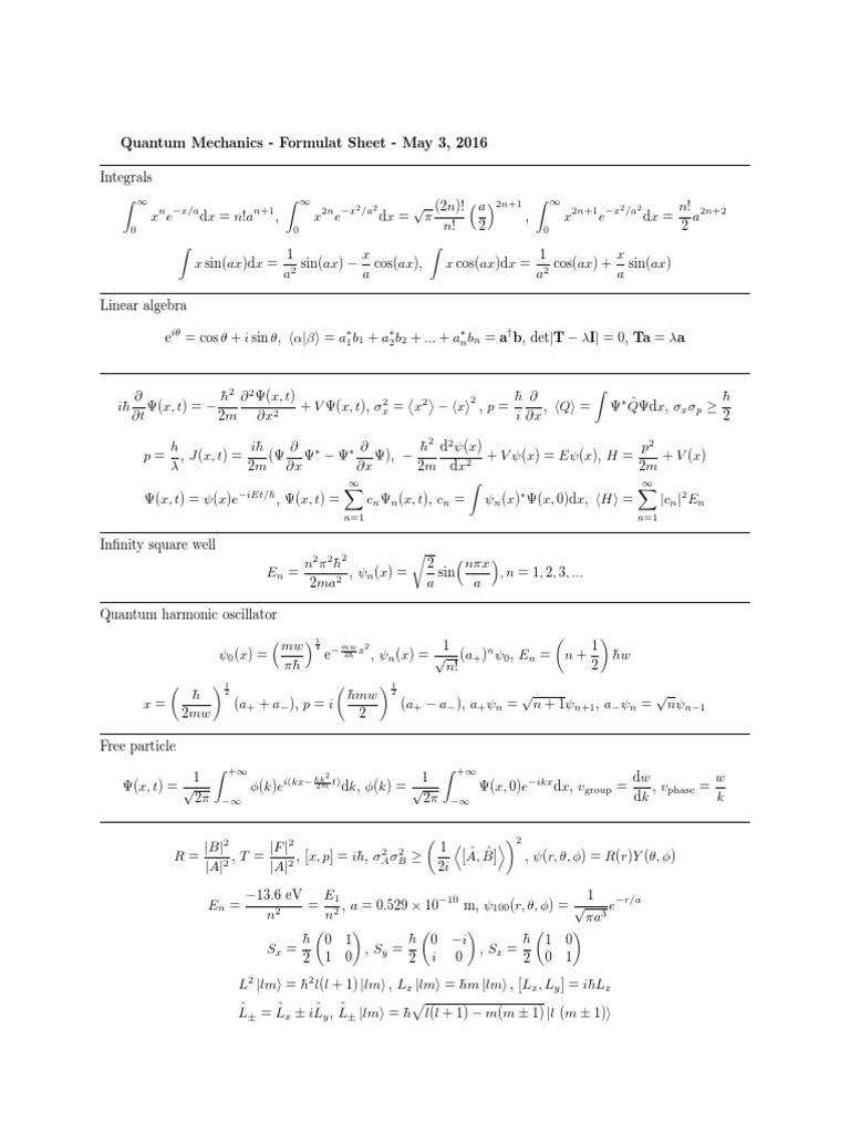 Quantum Mechanics Formula Sheet | PDF