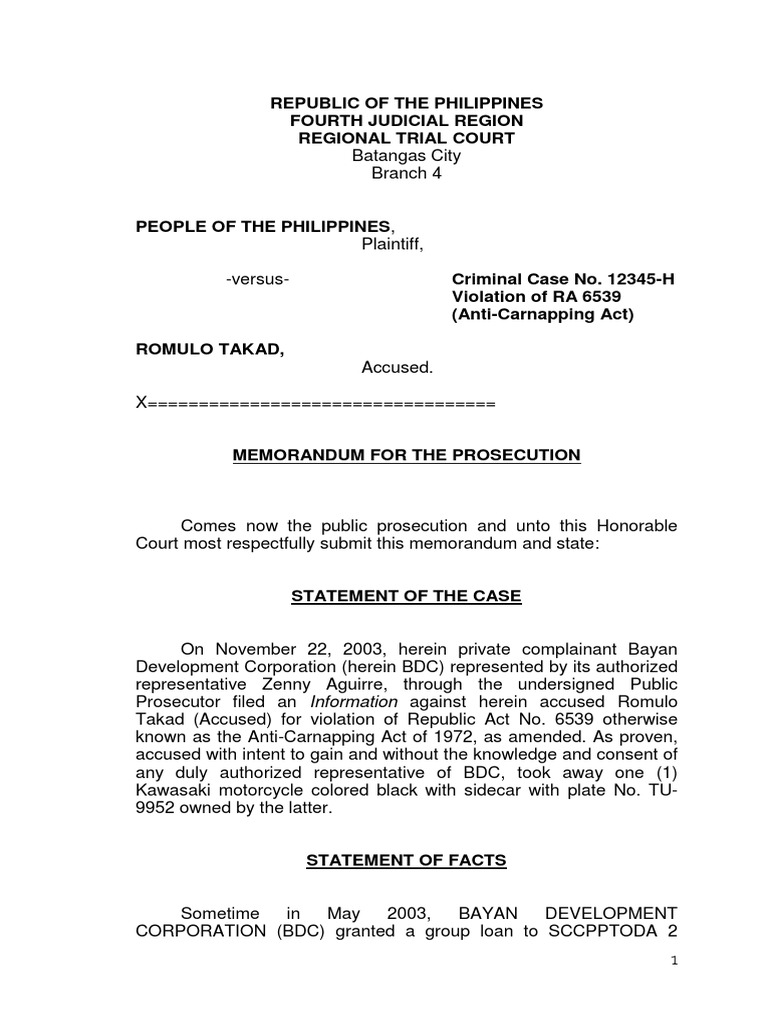 Memo Prosecutrion Carnapping | Download Free PDF | Mortgage Law ...