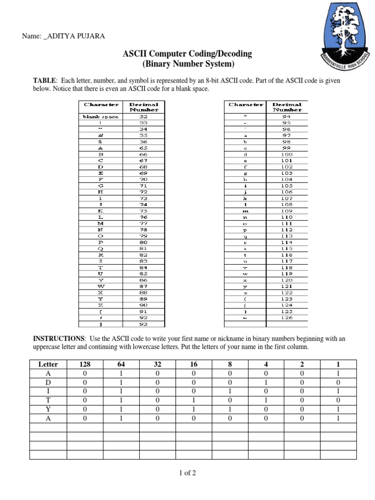 ASCII Computer Coding Sheet YA YA | PDF