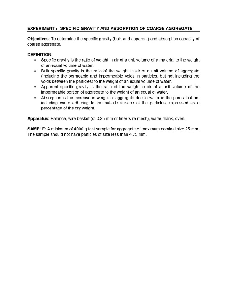 Specific Gravity and Absorption of Coarse Aggregate | PDF | Weight ...