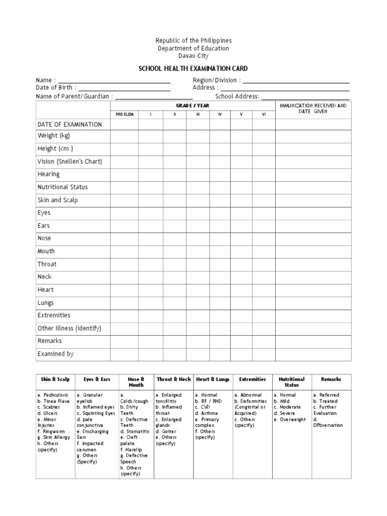School Health Examination Card and Dental Examination Card: Tracking ...