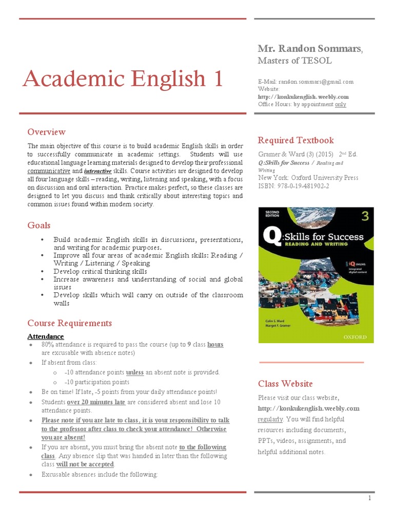 Academic English 1 Syllabus - Fall 2017 | PDF | Homework | English As A ...