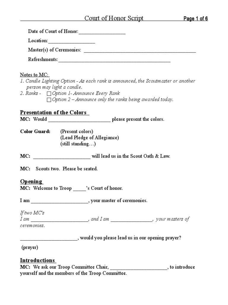 Court of Honor Script | PDF | Organizations Of Children | Scouting And ...