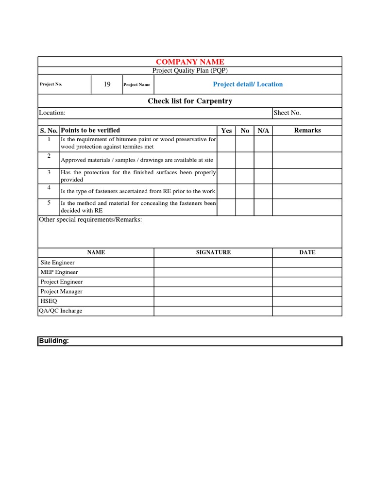 Check List For Carpentry: Company Name | PDF