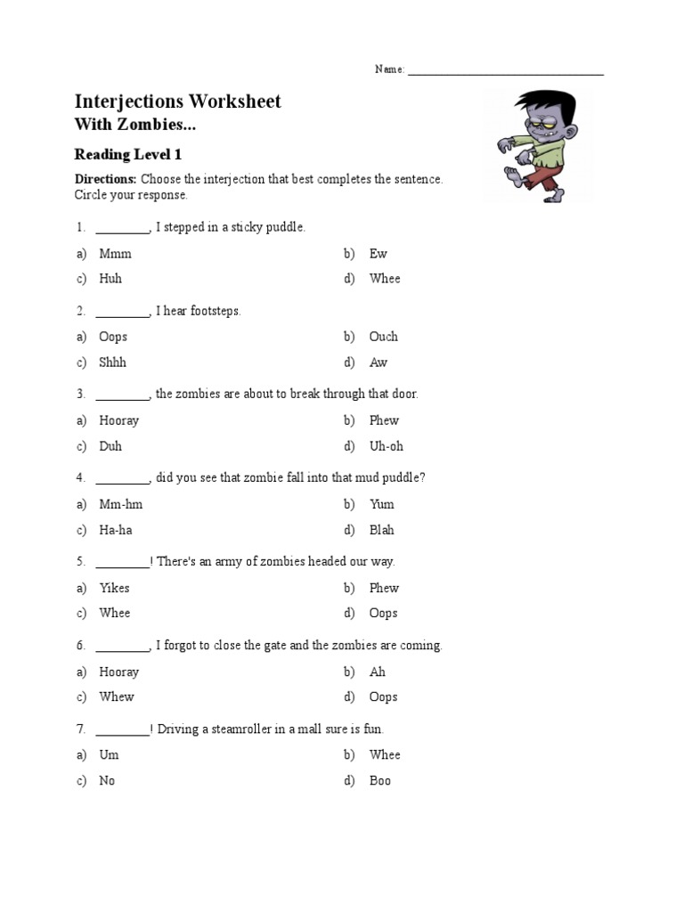 Zombie-Themed Interjections Worksheet | PDF