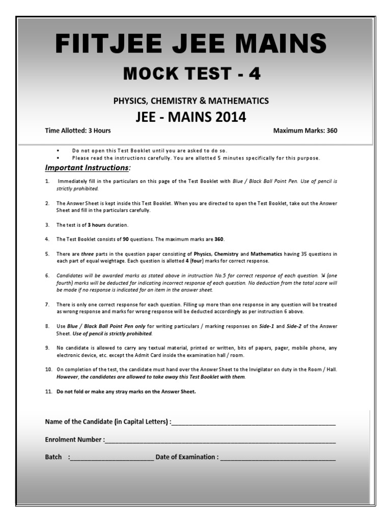 JEE MAINS MOCK TEST - 4.docx | Personal Growth