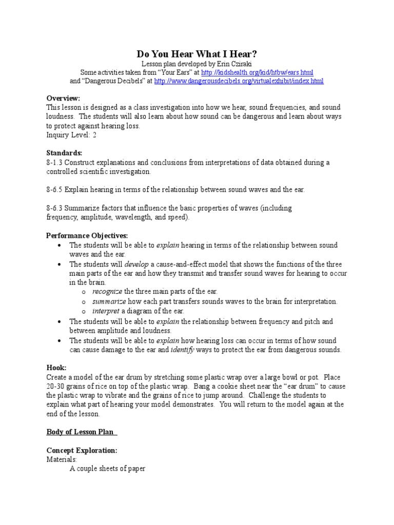 Hearing Lesson Plan | PDF | Sound | Hearing