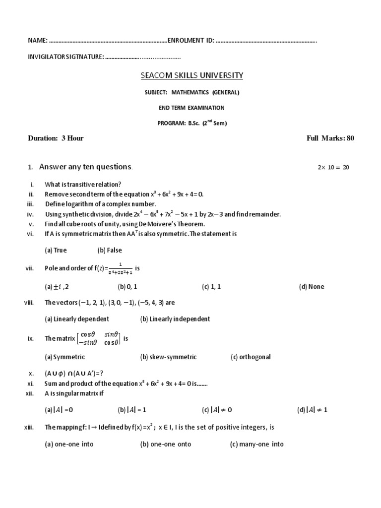 BSC 2nd Sem | PDF | Matrix (Mathematics) | Integer