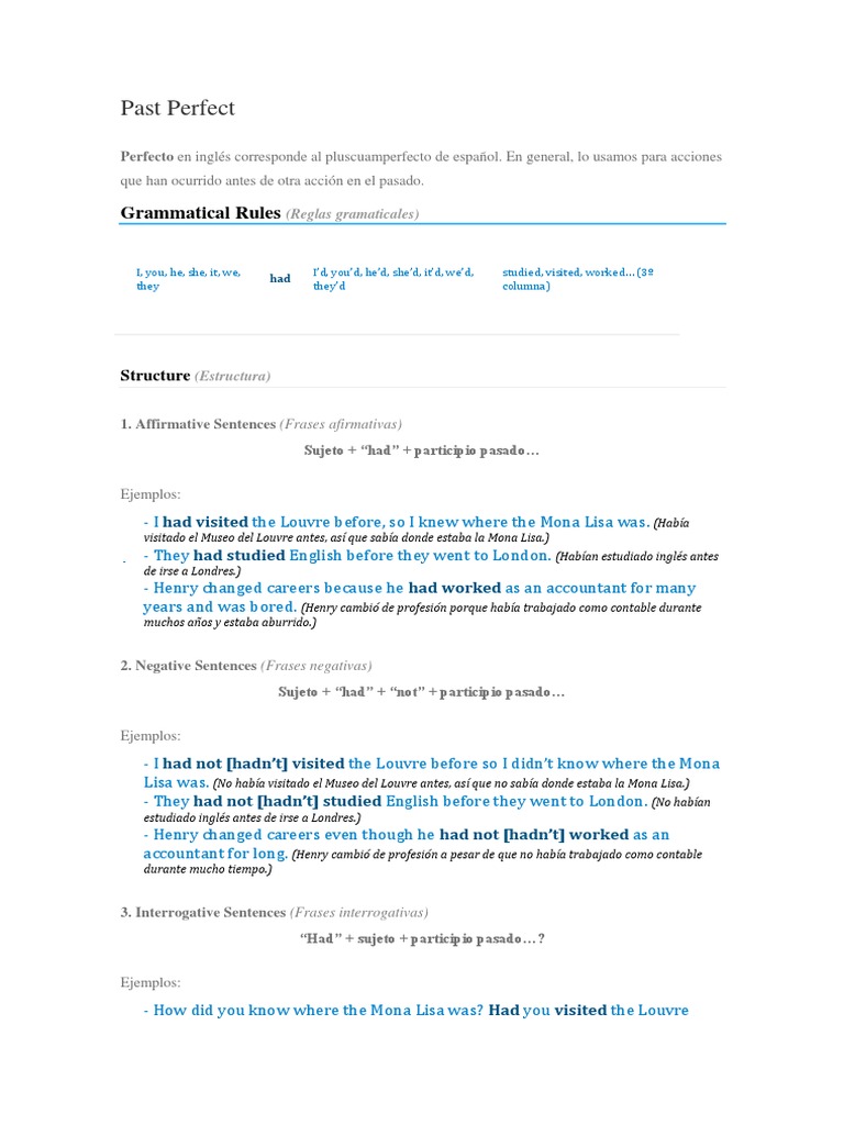 Comprensión del Pluscuamperfecto en Inglés (Past Perfect Tense) | PDF ...