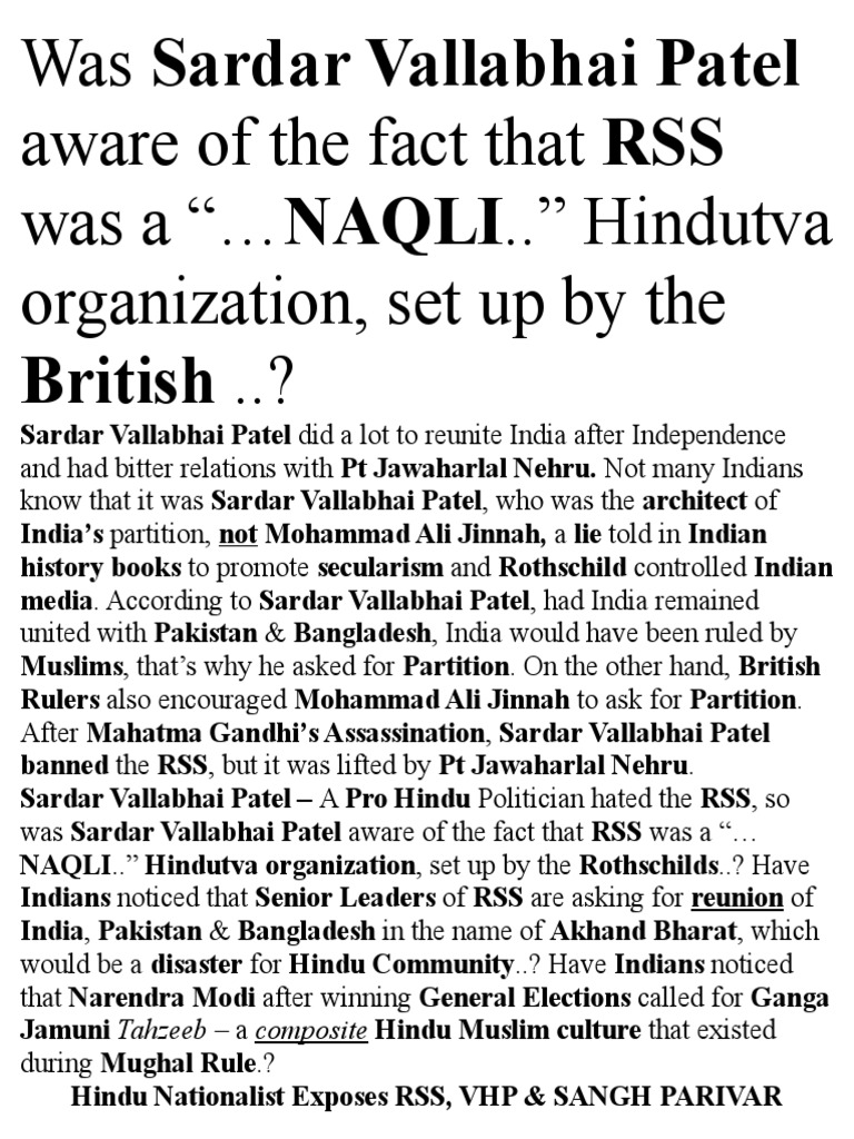 Was Sardar Patel Aware of The Fact RSS Was A "..FAKE.." Hindutva ...