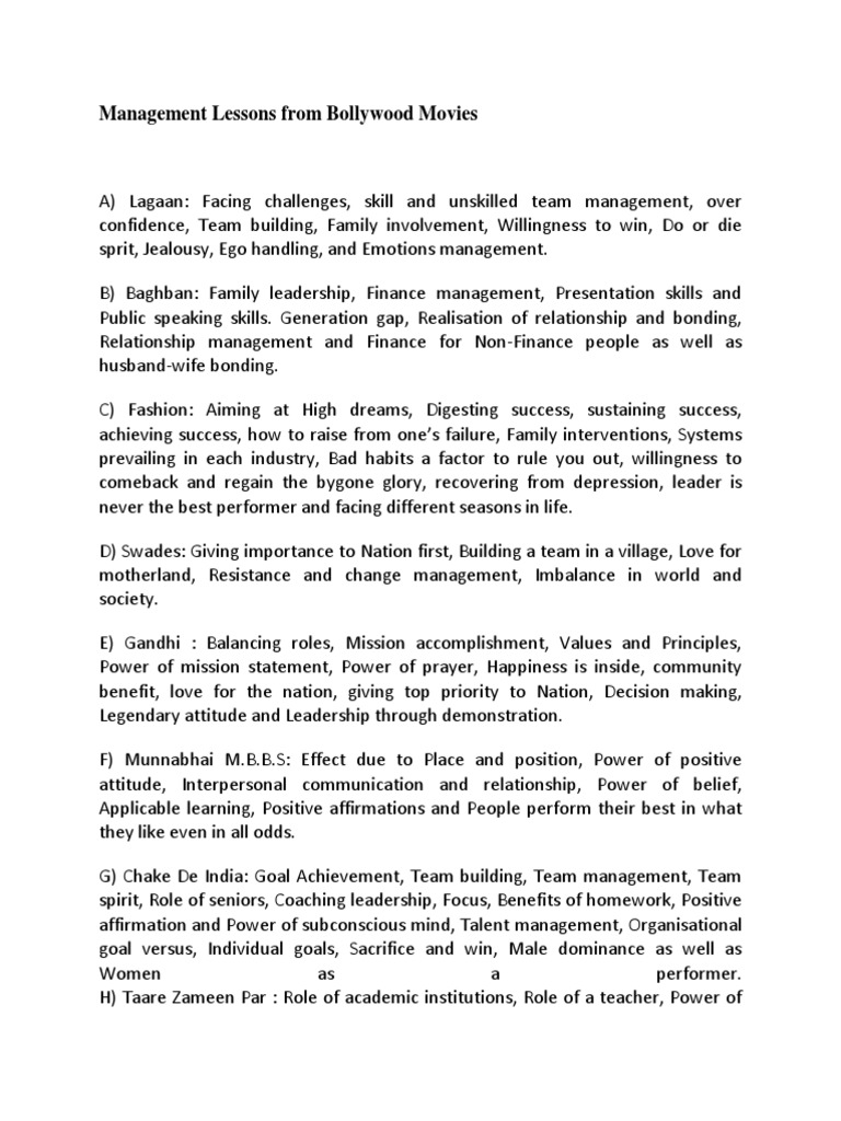Management Lessons From Bollywood Movies | PDF | Team Building | Leadership