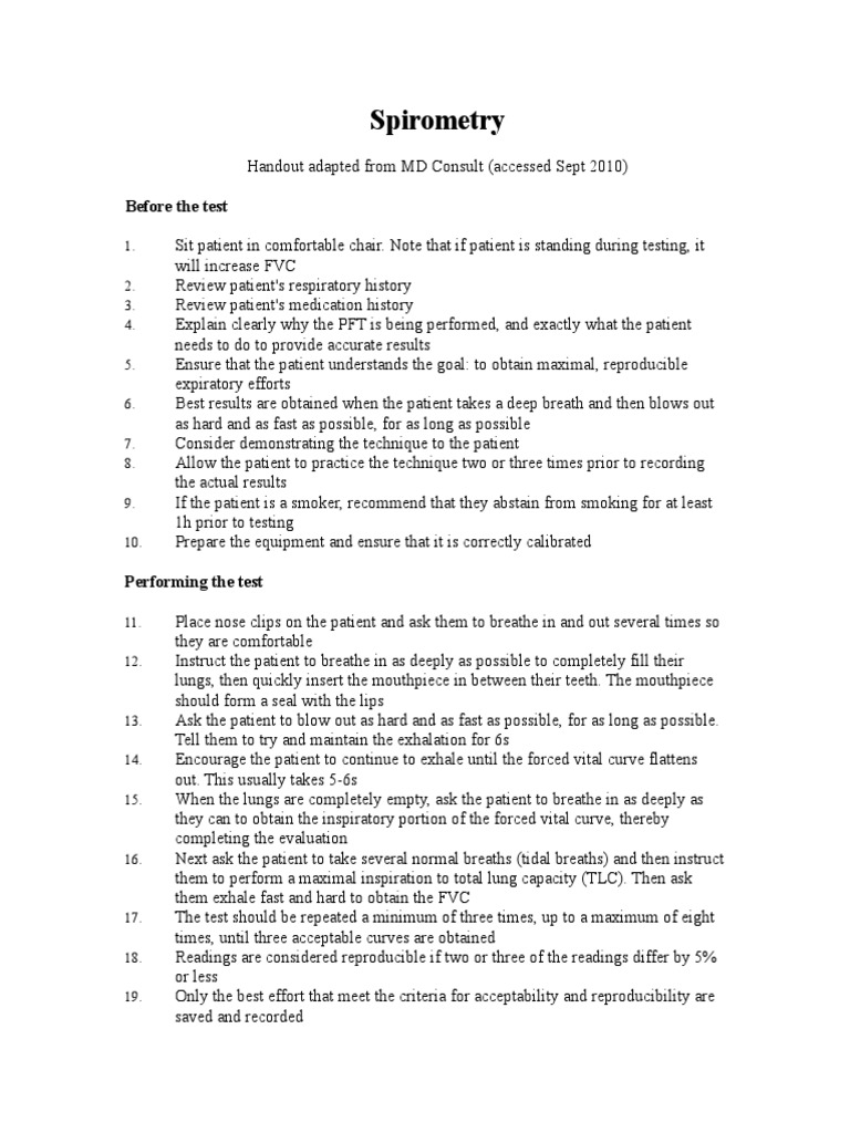 Spirometry Instructions Handout | PDF | Chronic Obstructive Pulmonary Disease | Exhalation
