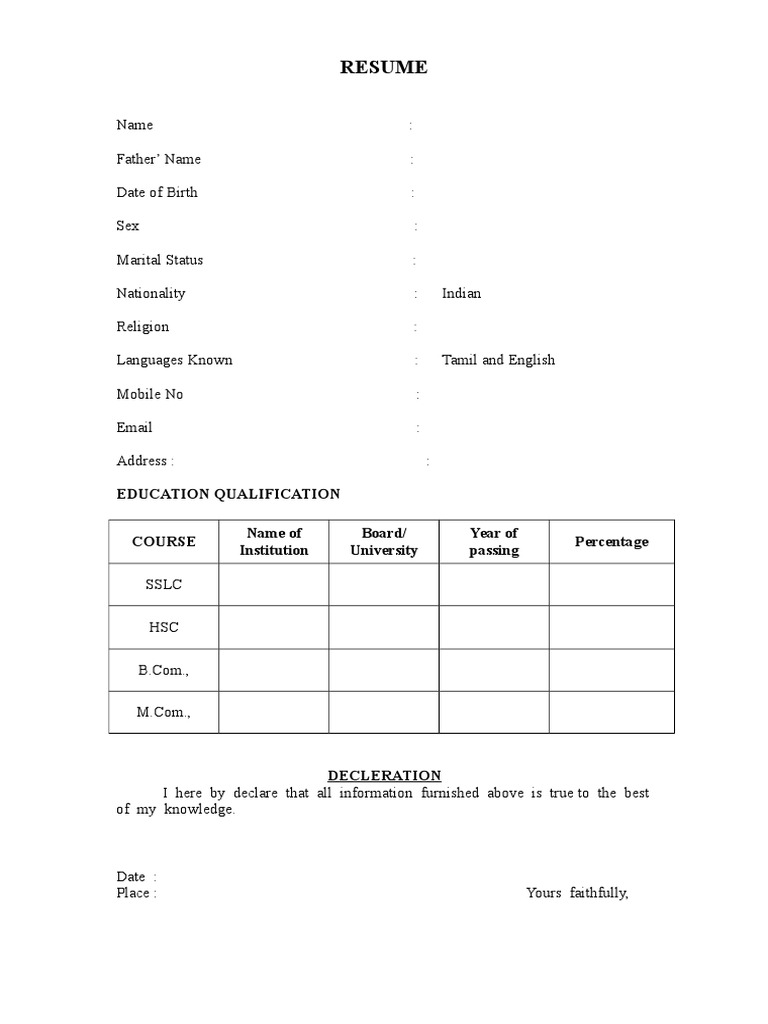 Resume: Education Qualification Course Name of Institution Board ...