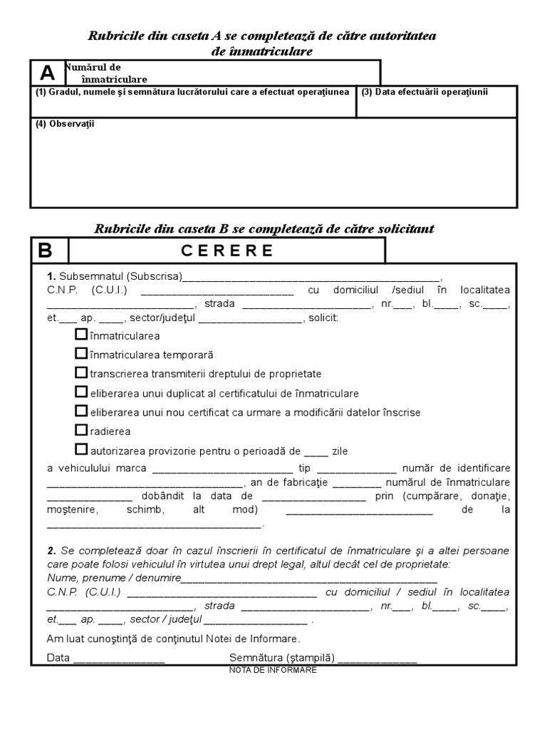 CERERE Inmatriculare Transcriere Duplicat Certificat Inmatriculare ...