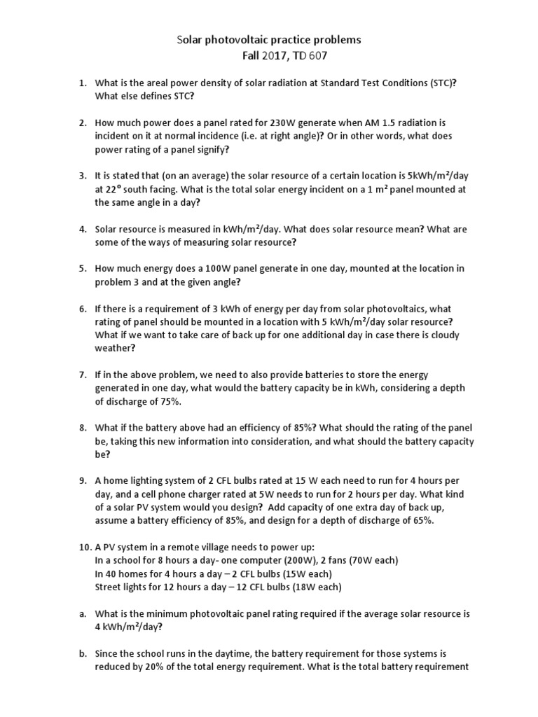 Practice Problems Solar PV | PDF | Photovoltaics | Photovoltaic System