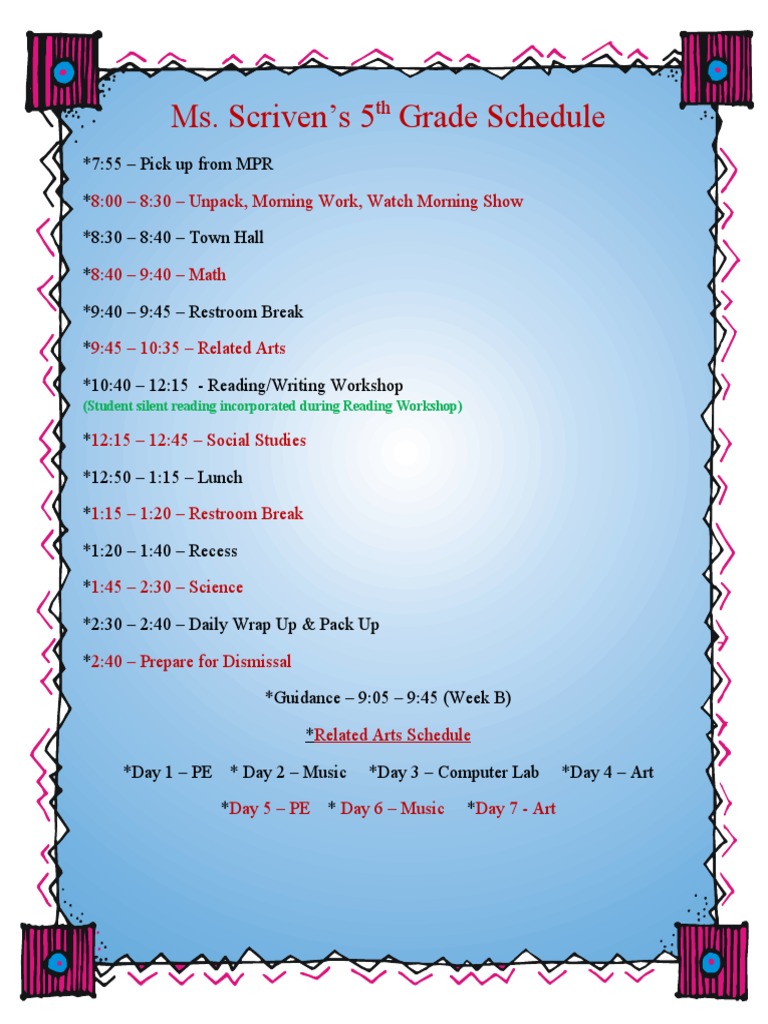 Ms. Scriven's 5th Grade Daily Schedule | PDF | Social Science | Home ...