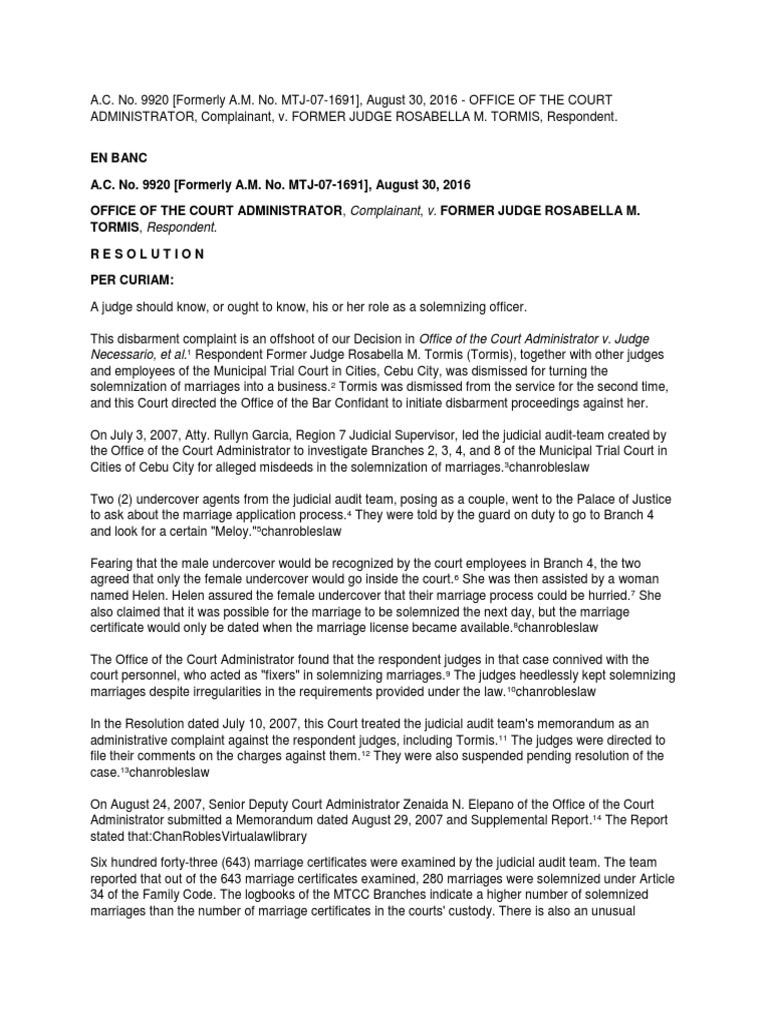 OCA Vs Judge Tormis (A.C. No. 9920) | PDF | Marriage License | Lawyer