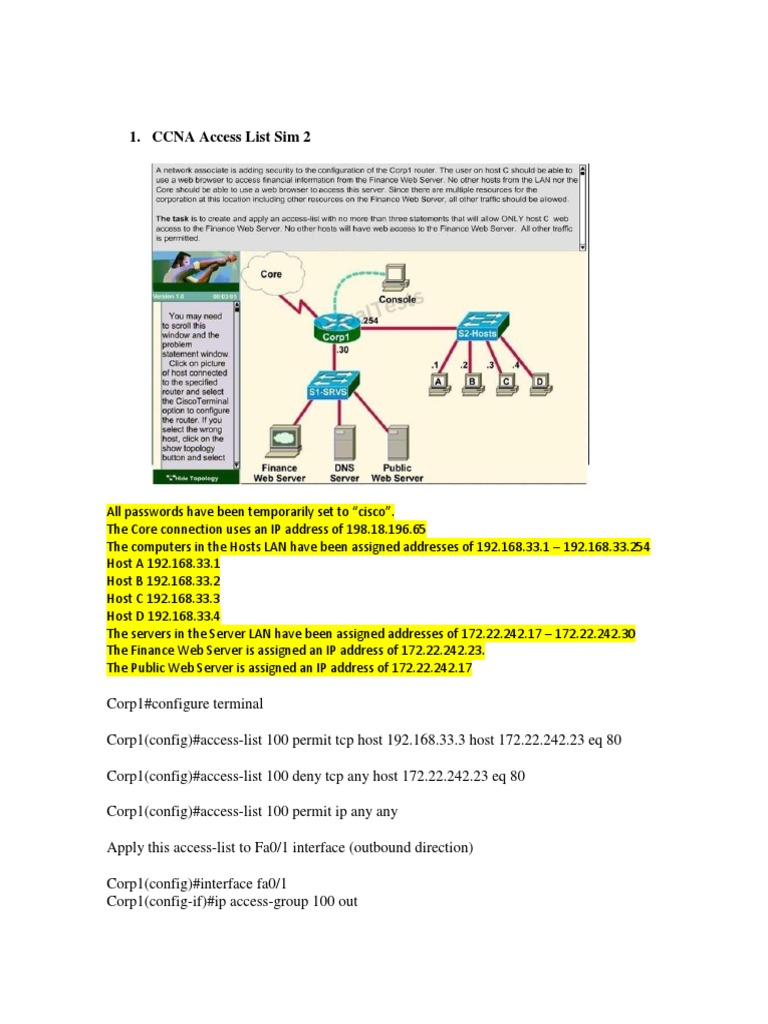 CCNA Access List Sim 2 | Download Free PDF | Router (Computing) | Internet Protocols