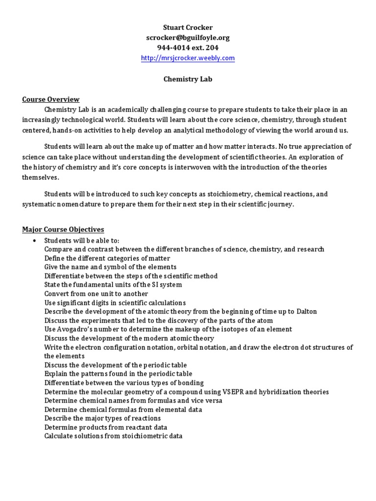 Chemistry Lab Syllabus 2017 | PDF | Chemistry | Science