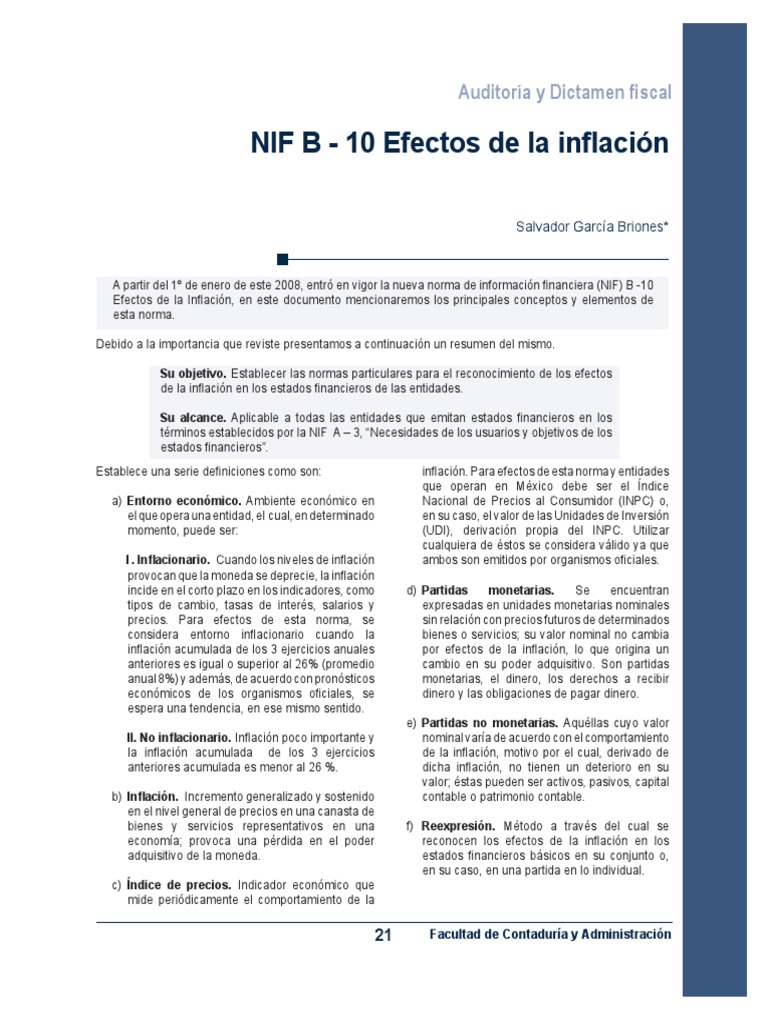 444 - NIF B - 10 Efectos de La Inflacion PDF | PDF | Inflación | Amortización (Negocio)