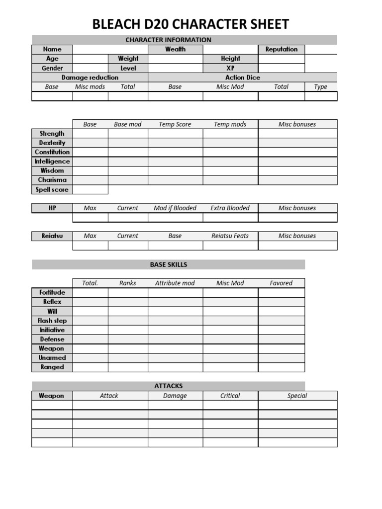 Bleach D20 Character Sheet Template | PDF | Tabletop Games | Gaming