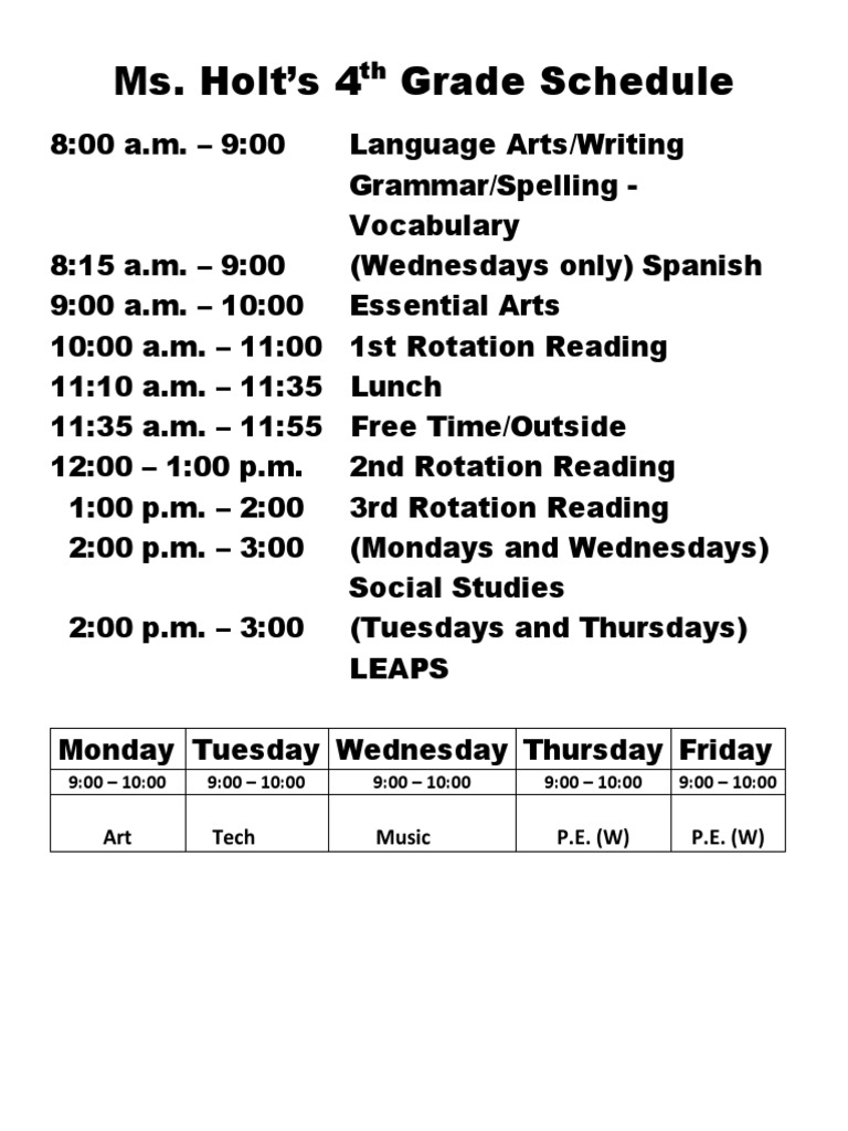 Ms. Holt's 4 Grade Schedule: Art Tech Music P.E. (W) P.E. (W) | PDF ...