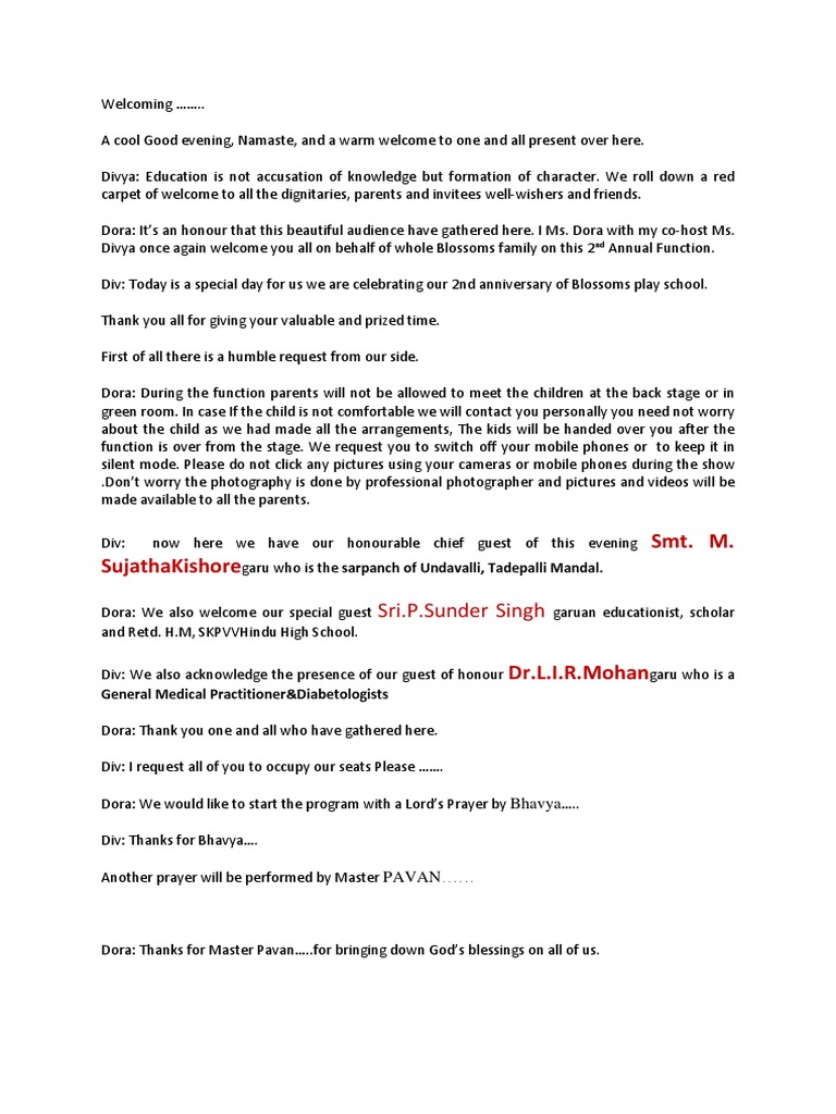 Anchoring Script for Annual Day Celebration | Entertainment (General) | Religion And Belief