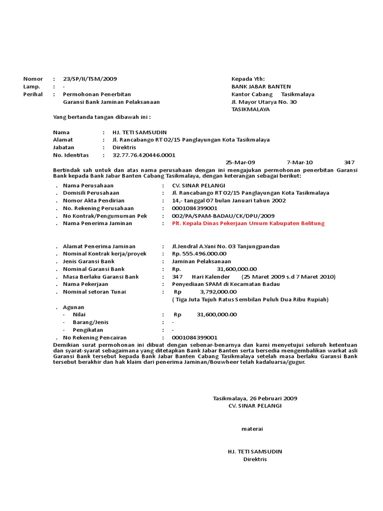 Format Permohonan Jaminan Pelaksanaan Belitung | PDF