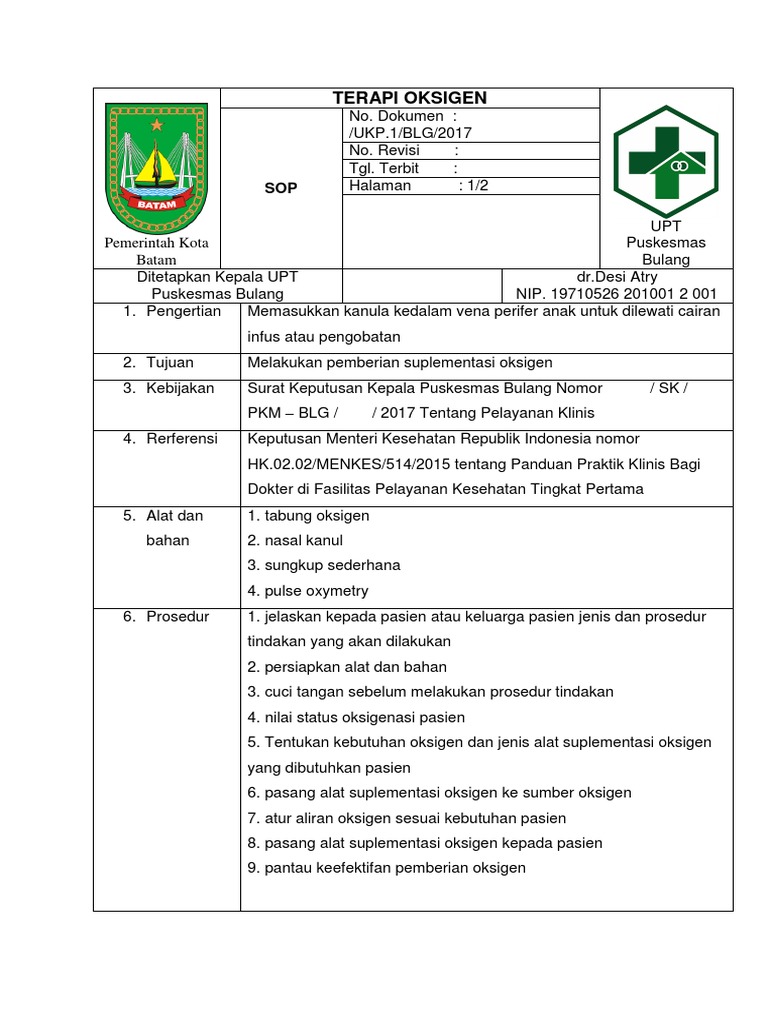 Sop Terapi Oksigen | PDF