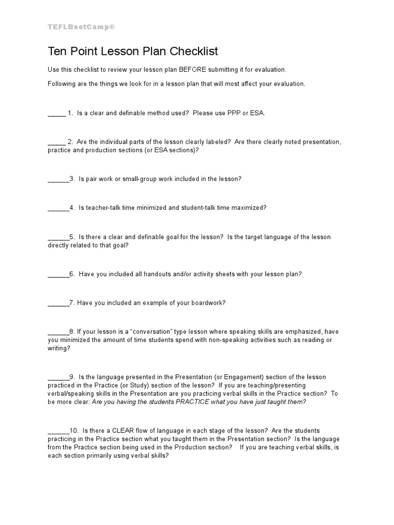 Ten Point Lesson Plan Checklist | PDF