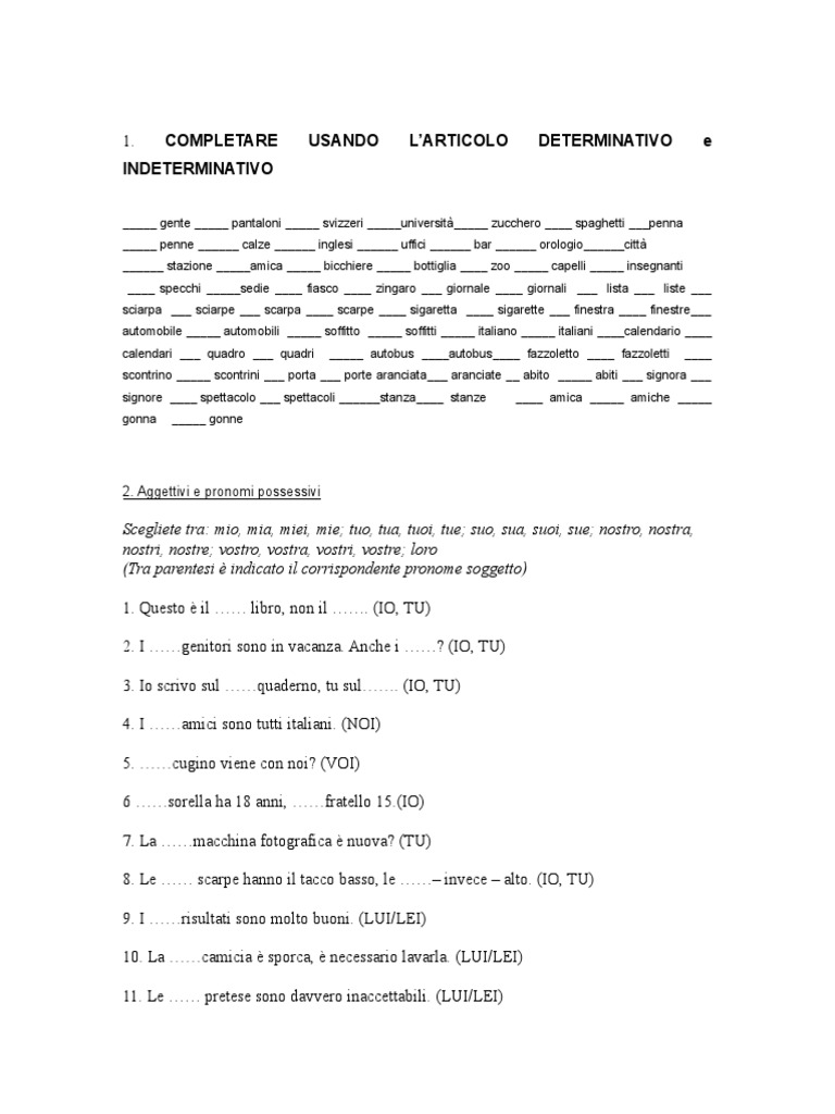 L'ARTICOLO DETERMINATIVO e INDETERMINATIVO | PDF