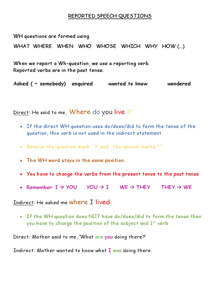 Reported Speech: WH Questions Guide | PDF | Language Arts & Discipline