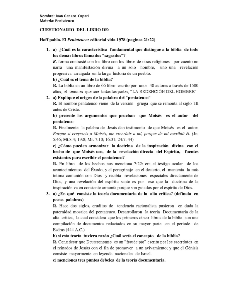 Cuestionario Del Libro de | PDF | Libro del Génesis | Moisés