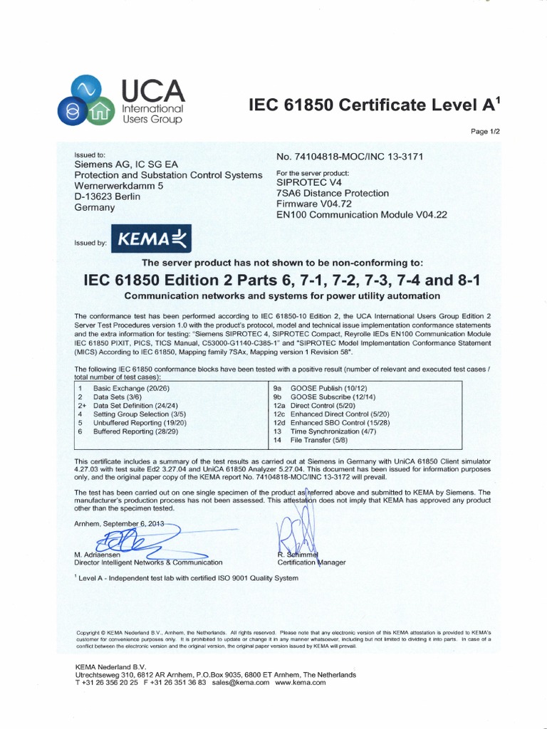 IEC 61850 KEMA-Certificates Edition2 For All SIPROTEC 4 Devices | PDF