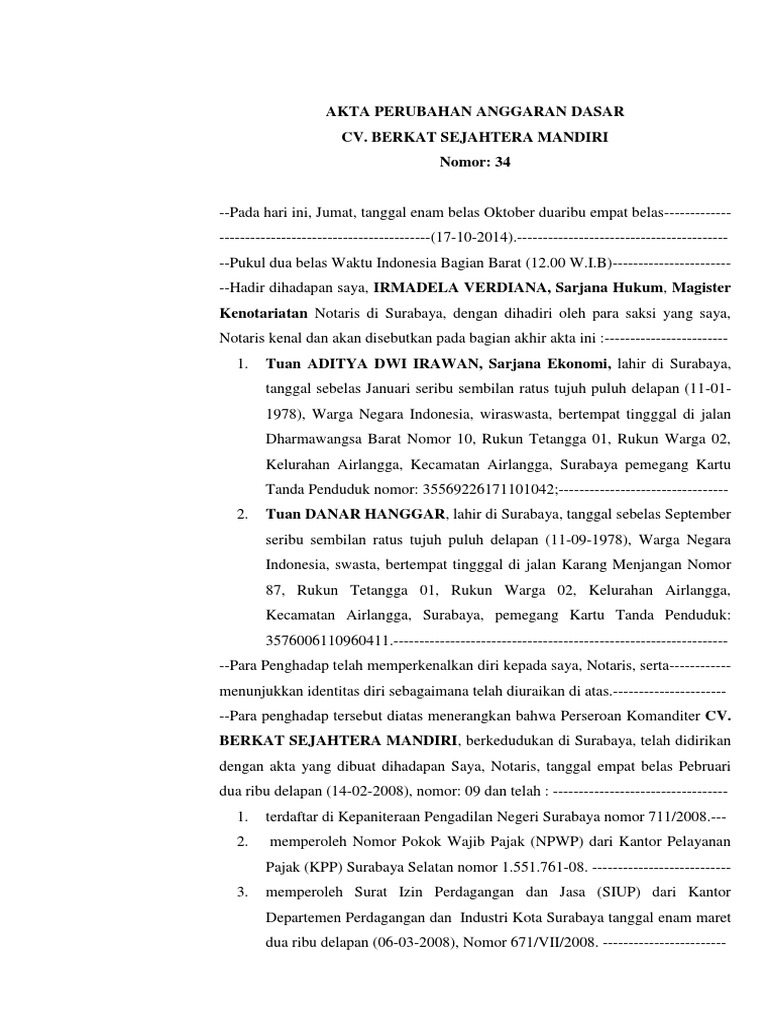 Akta Perubahan Anggaran Dasar CV Dela | PDF | Hukum