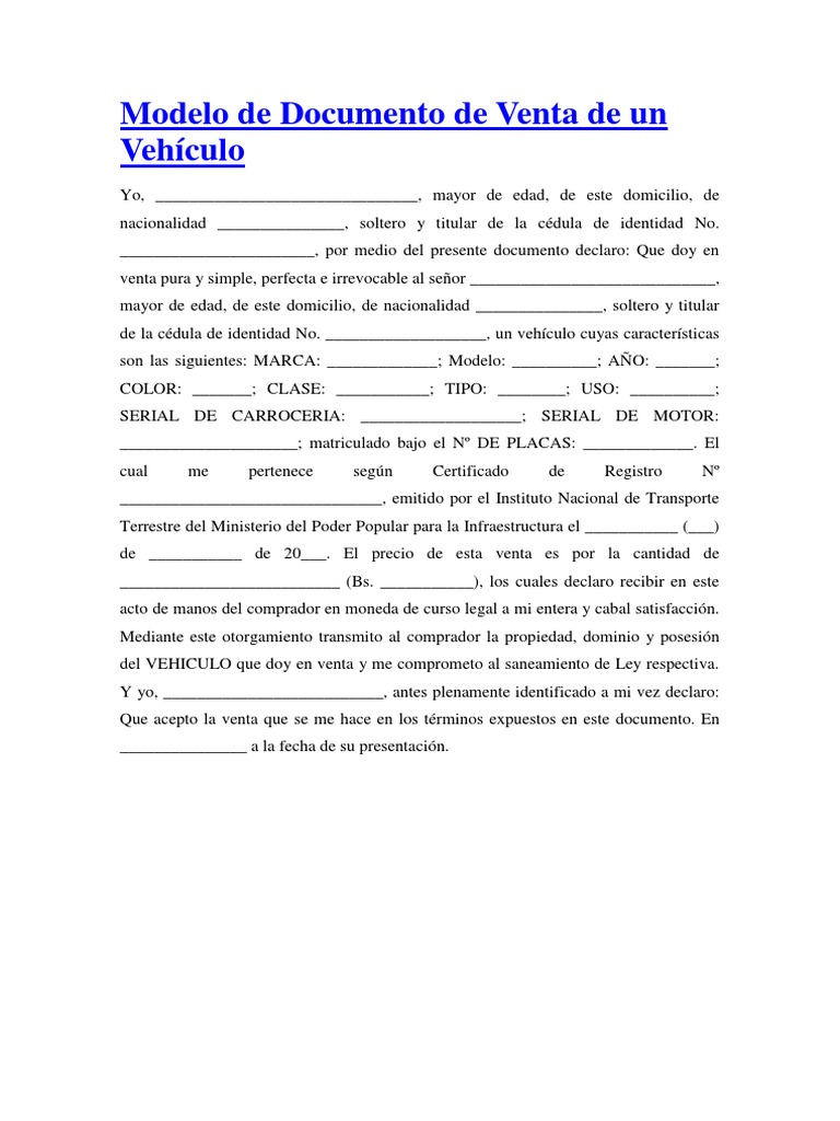 Modelo de Documento de Venta de Un Vehículo | PDF | Propiedad | Gobierno